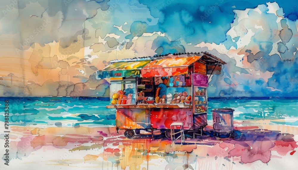 watercolor painting of a beach shack with a man standing inside it. The ...