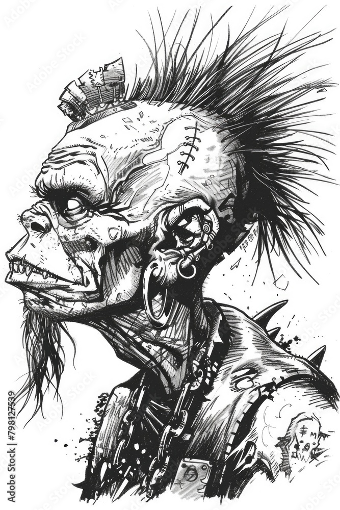 Black and white illustration of a man with a mohawk hairstyle. Ideal ...