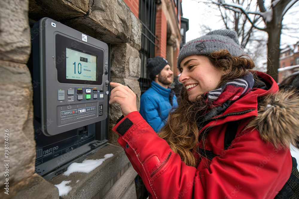 Workers installing smart meters in residential neighborhoods, efficient ...