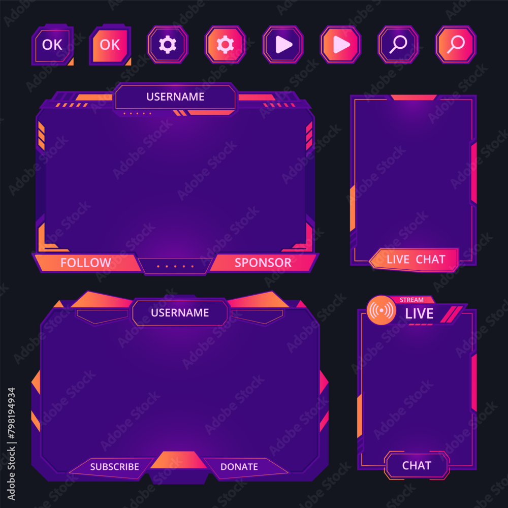 Gaming interface elements. Game streaming frames, buttons and bars, futuristic game stream ...