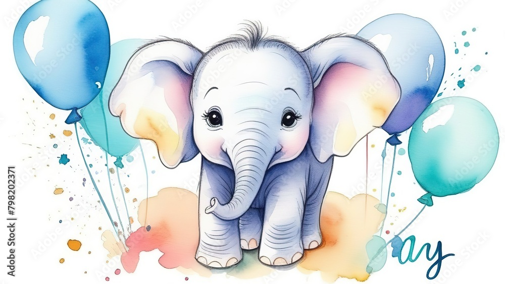 Cute baby elephant with balloons. Watercolor card for children's ...