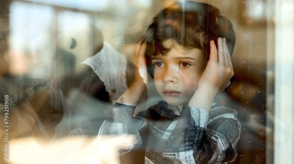 Young boy looking pensively through a window, reflection and emotions ...