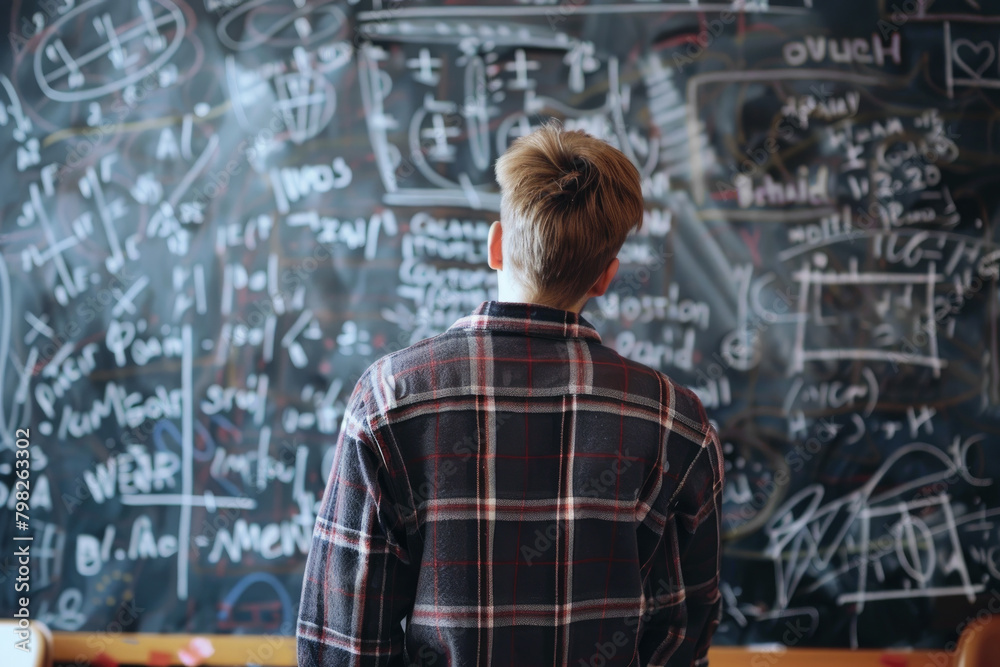 Student solves math problem at blackboard, boy teenager thinks and ...