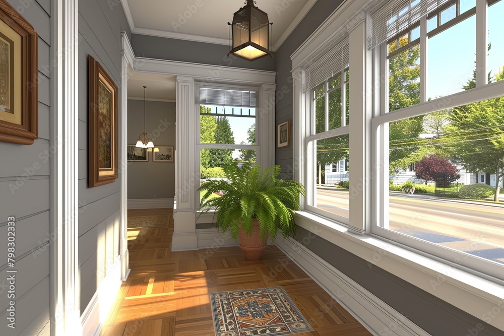 Craftsman Bungalow 3D Rendering: Slate Grey Siding, White Trim, Oak ...