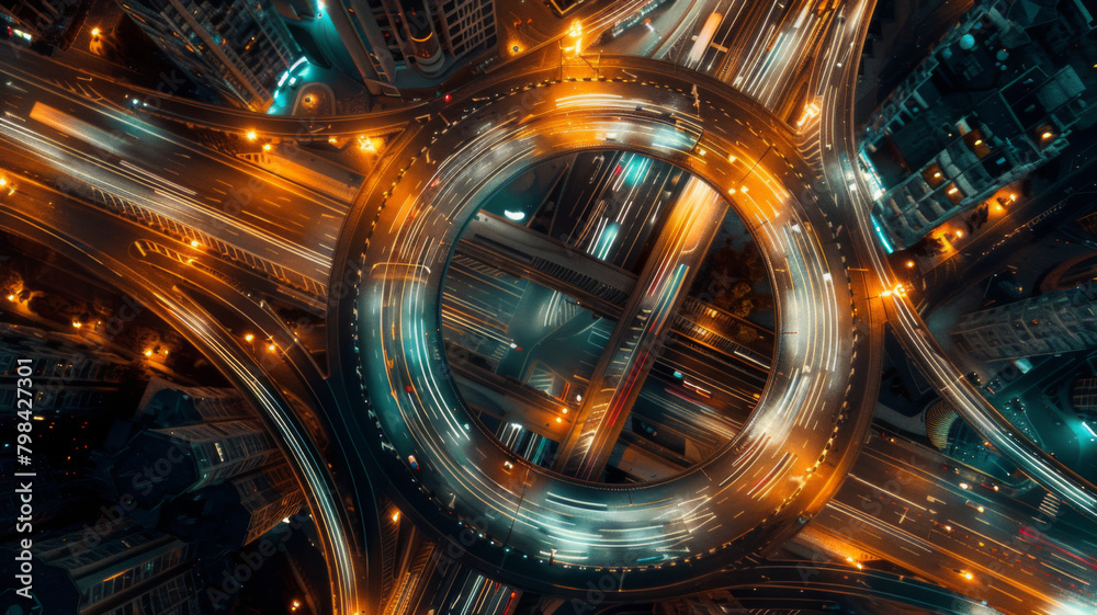 top view , night , roundabout interchange of a city, Expressway is an ...