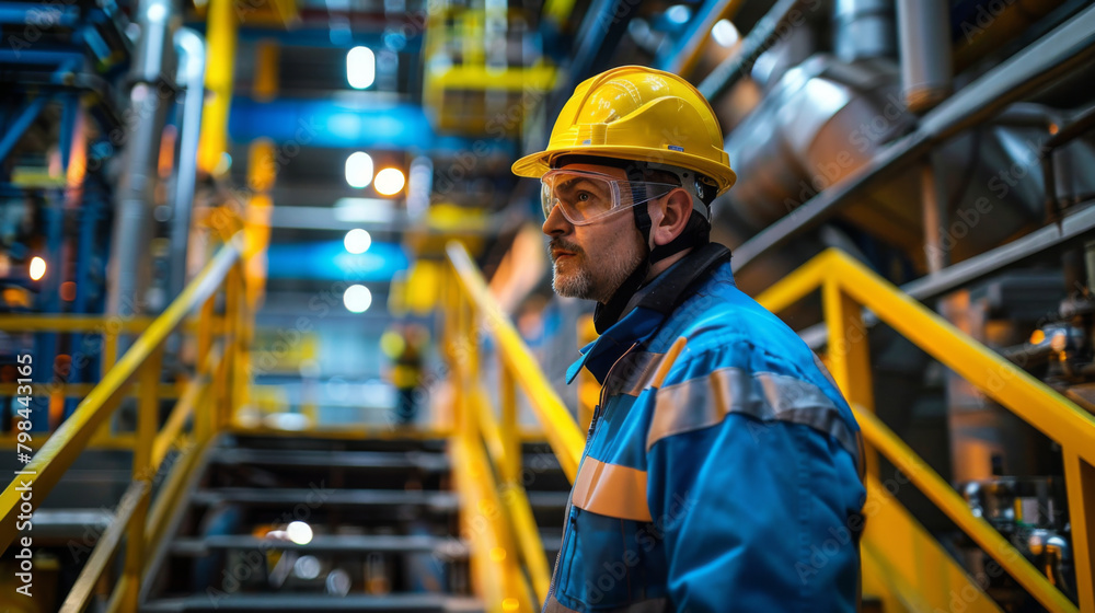 Industrial worker with hard hat overseeing plant operations, safety and ...