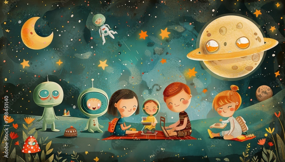 The image shows a group of children and an alien on a planet. The ...