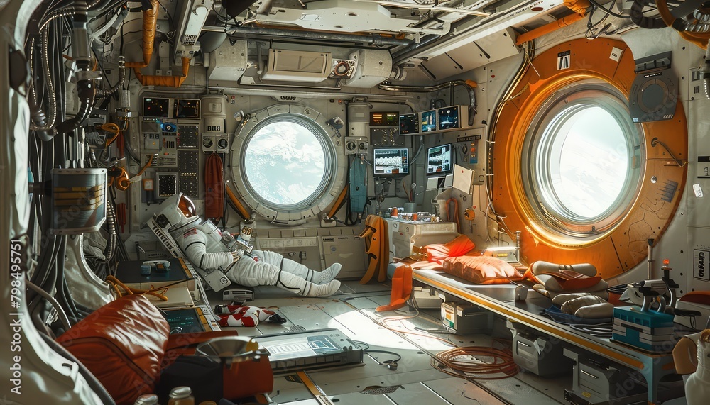 Space Station Life, Illustrate the daily routines of astronauts living ...