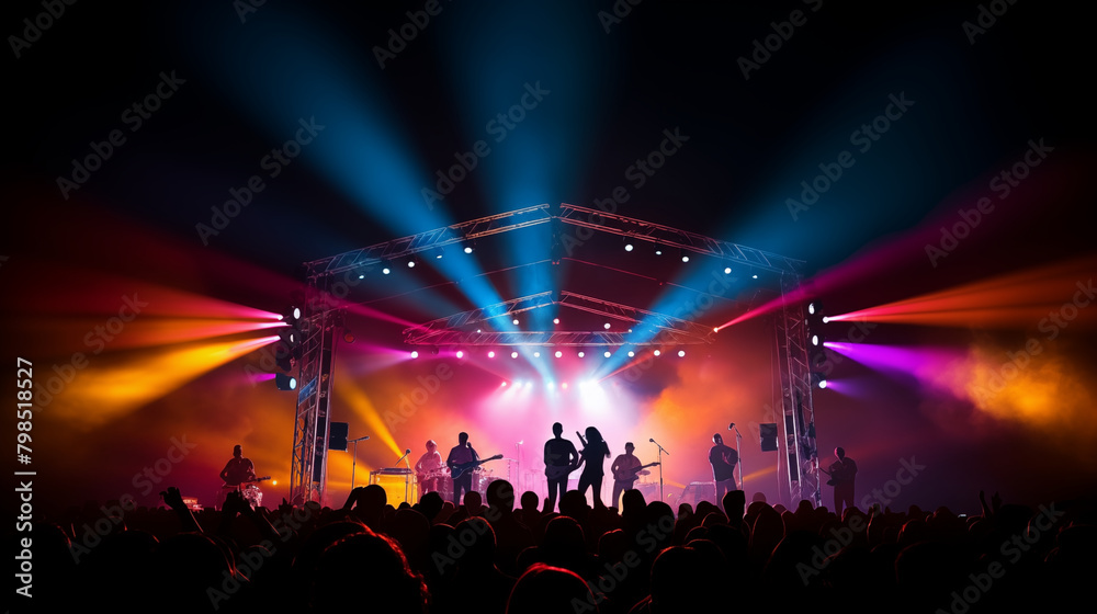 Colorful concert stage on festival, music instruments silhouettes ...