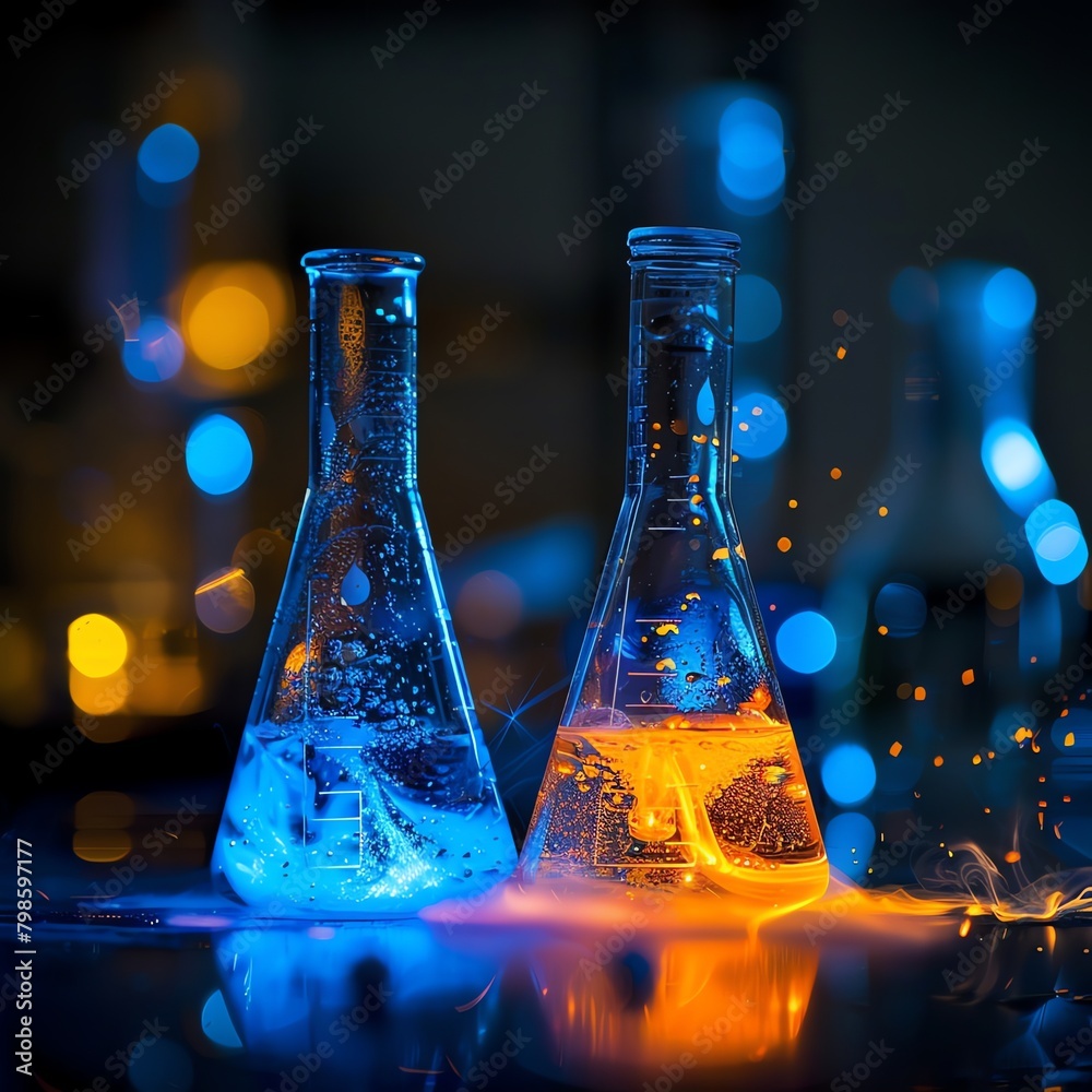 Conceptual stock photo of glowing flasks with blue and orange liquids ...
