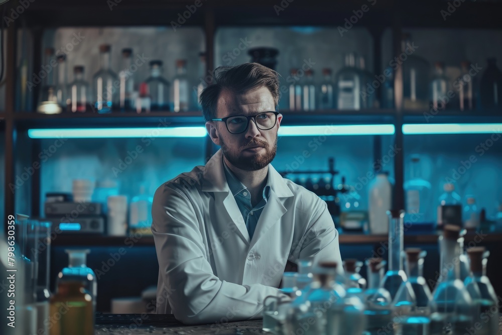Professional scientist looking at camera while wearing white lab coat ...