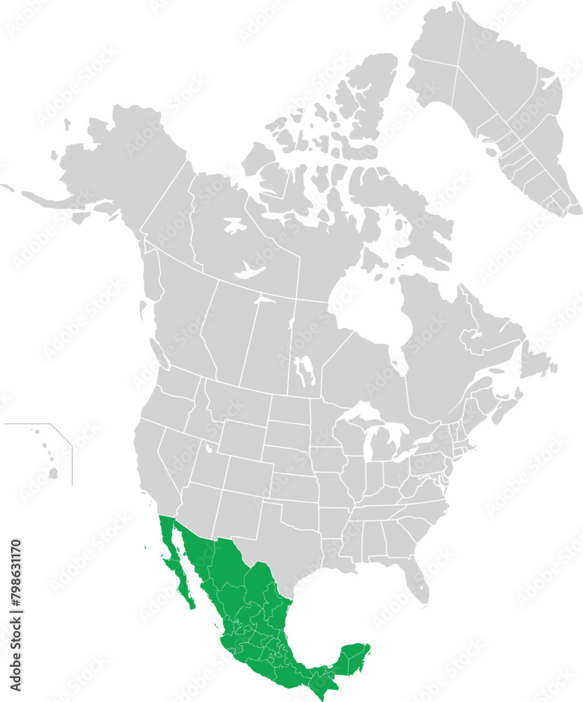 Green detailed blank political map of MEXICO with white state borders ...