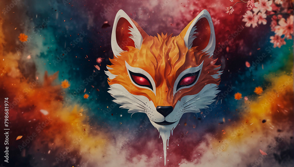 Fox mask, against the background of sakura, multi-colored background ...
