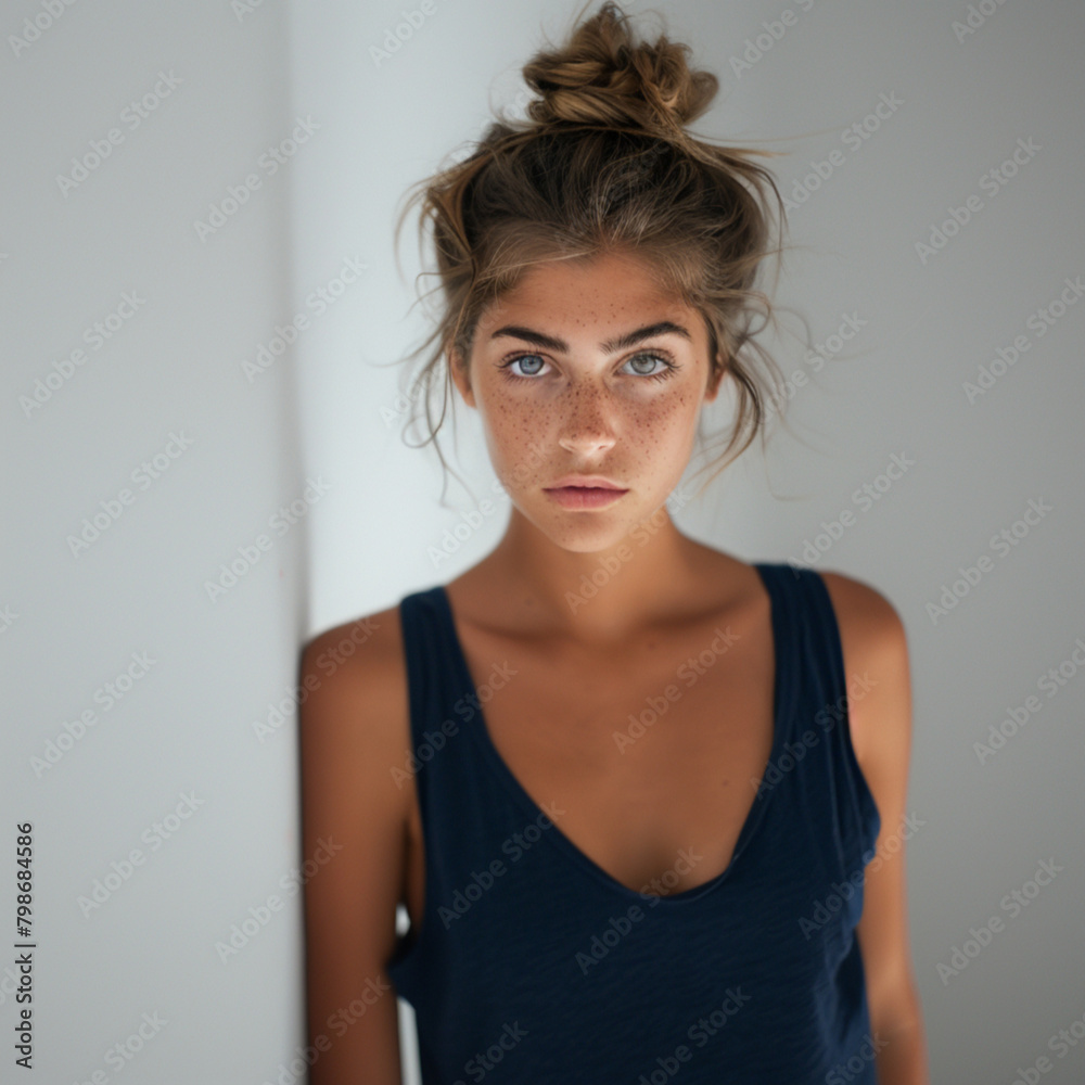 headshot of beautiful female model, light brown hair in messy bun, blue ...