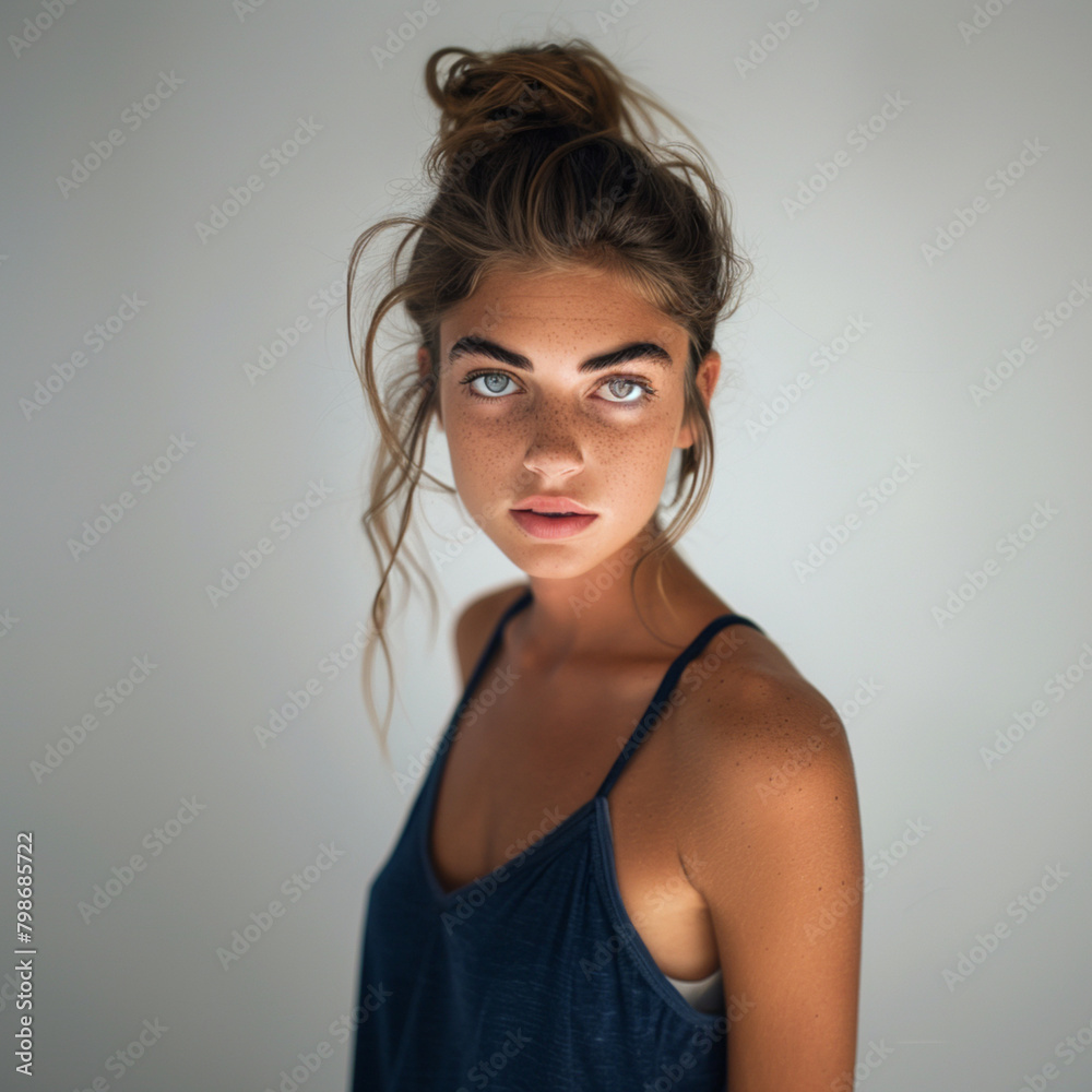 headshot of beautiful female model, light brown hair in messy bun, blue ...