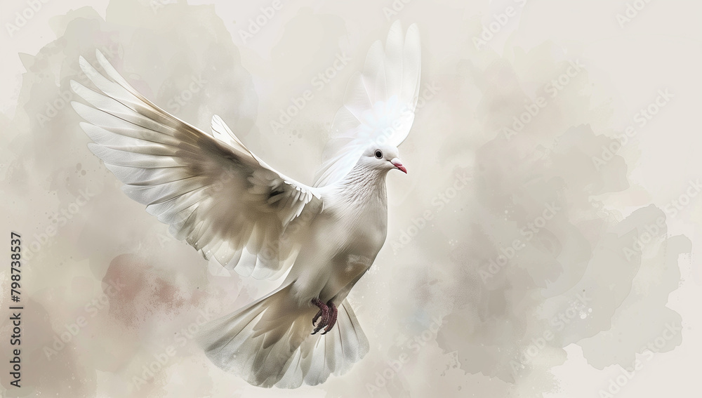 painting of Holy spirit dove flies in blue sky, bright light shines ...
