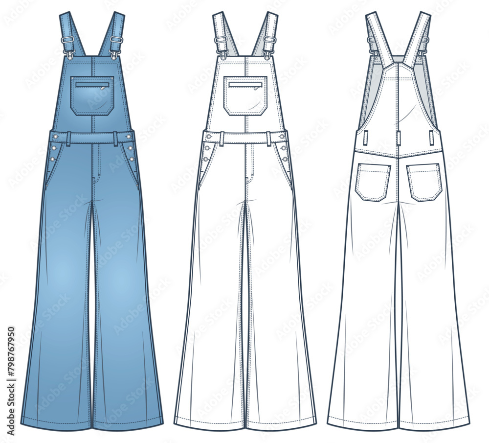 Vector de Stock Denim Overalls fashion technical drawing template. Wide ...