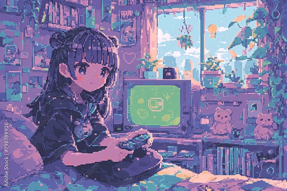 8-bit pixel art of a cute anime girl sitting on her bed playing video ...