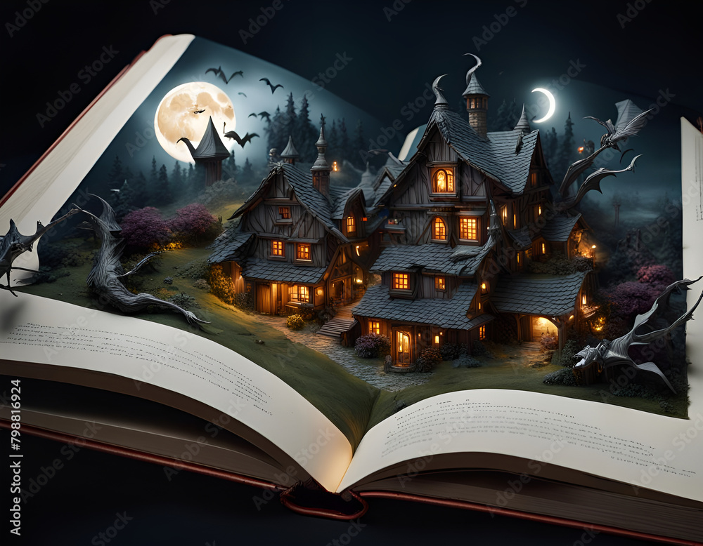 Fantasy world rising from the pages of an open. Concept of reading ...