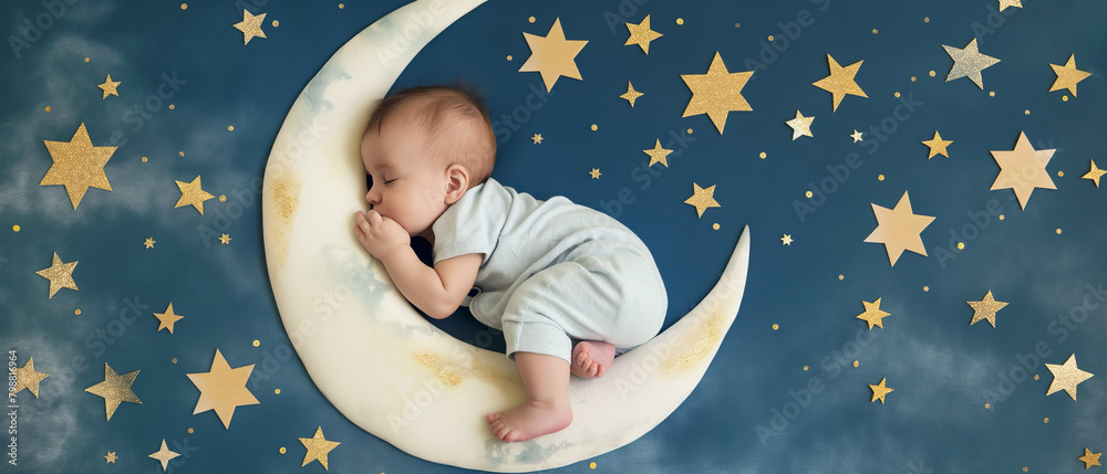 Newborn baby slumbering on crescent moon with gold stars, a serene ...