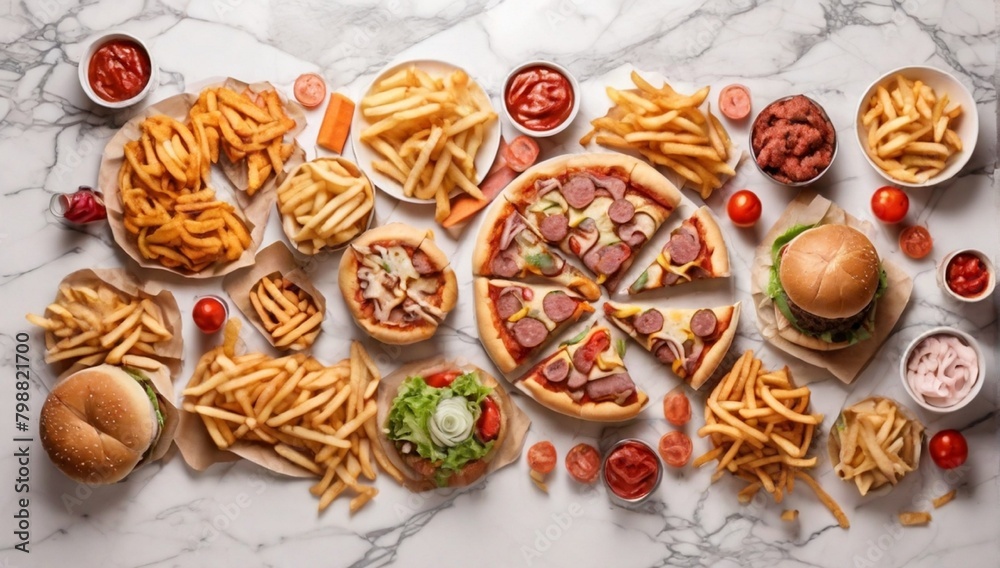 Junk food table scene scattered over a white marble background ...
