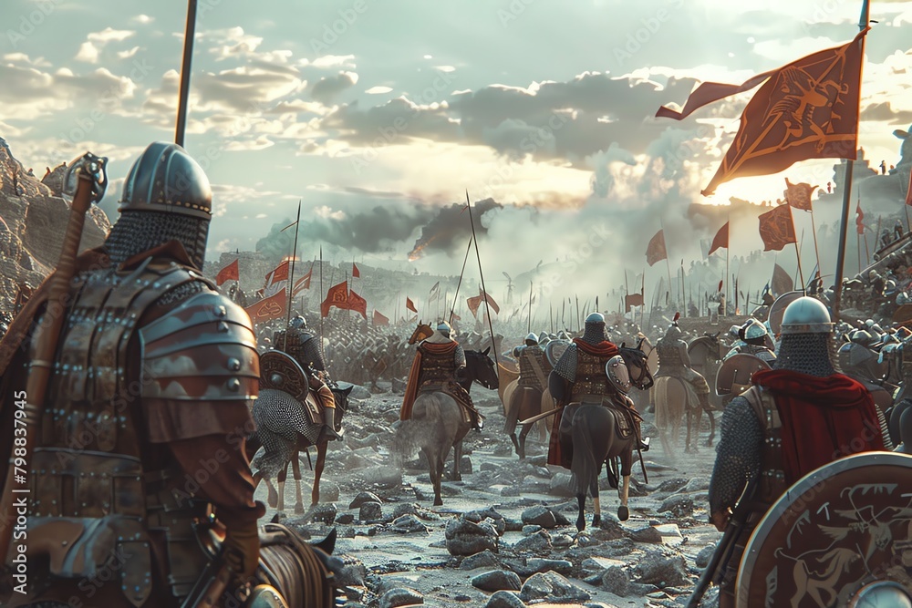 A large army of medieval soldiers on horseback and foot, with banners ...