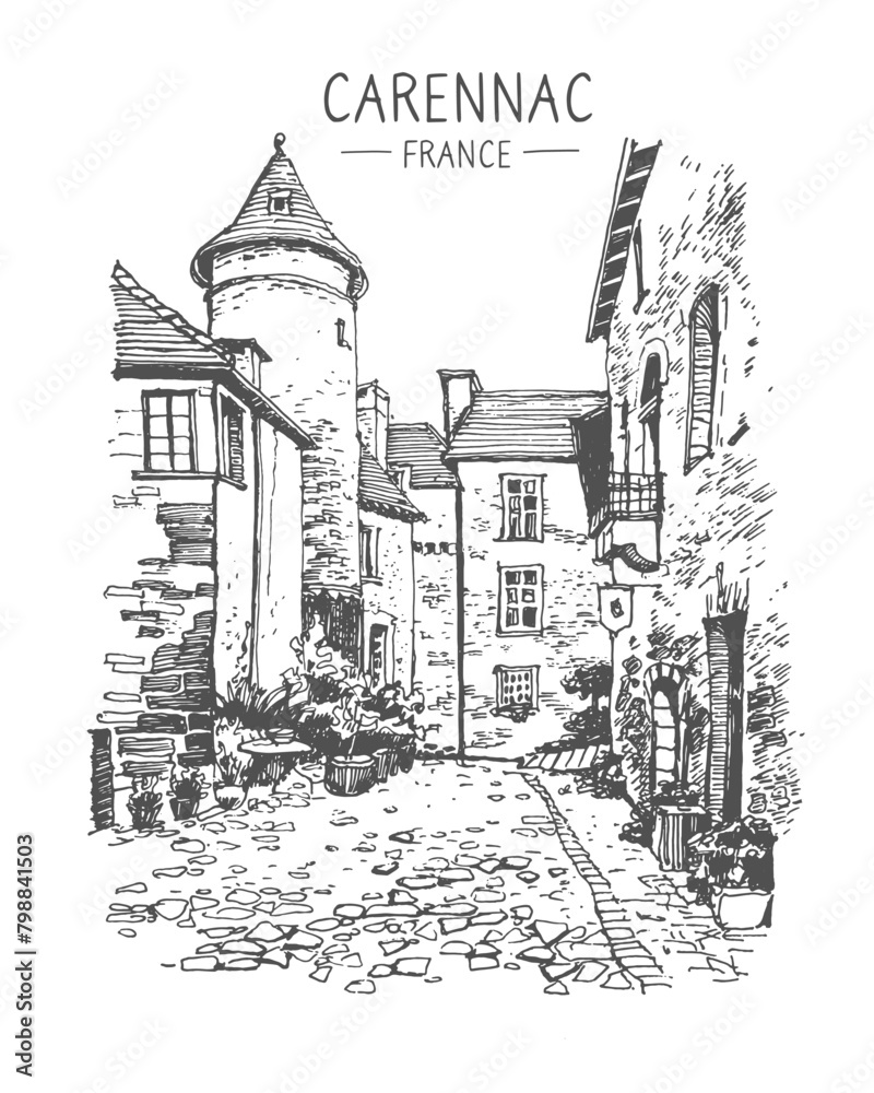 Vector travel sketch of Carennac, France. Hand drawing of old town, the ...