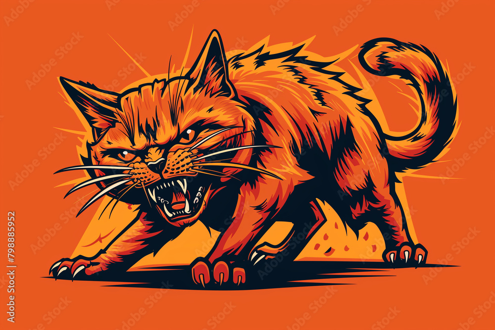 Angry Cat Vector Illustration on Orange Background: Hissing Feline with ...
