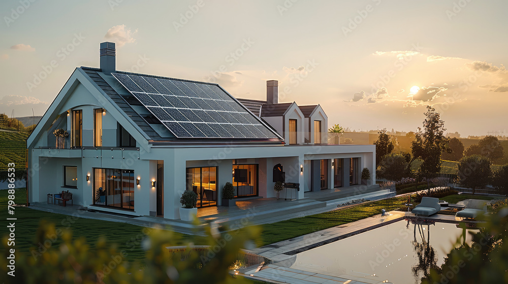 Sunny weather, Large house with four roofs, Solar panels on the roof of ...