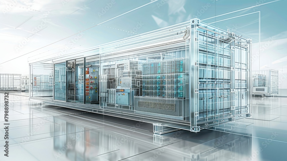3D blueprint image of a 40-foot modular data center container ...