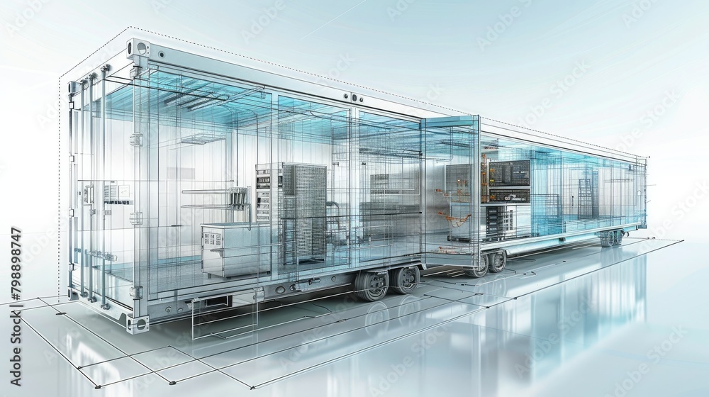 Illustration Stock 3D blueprint image of a 40-foot modular data center ...