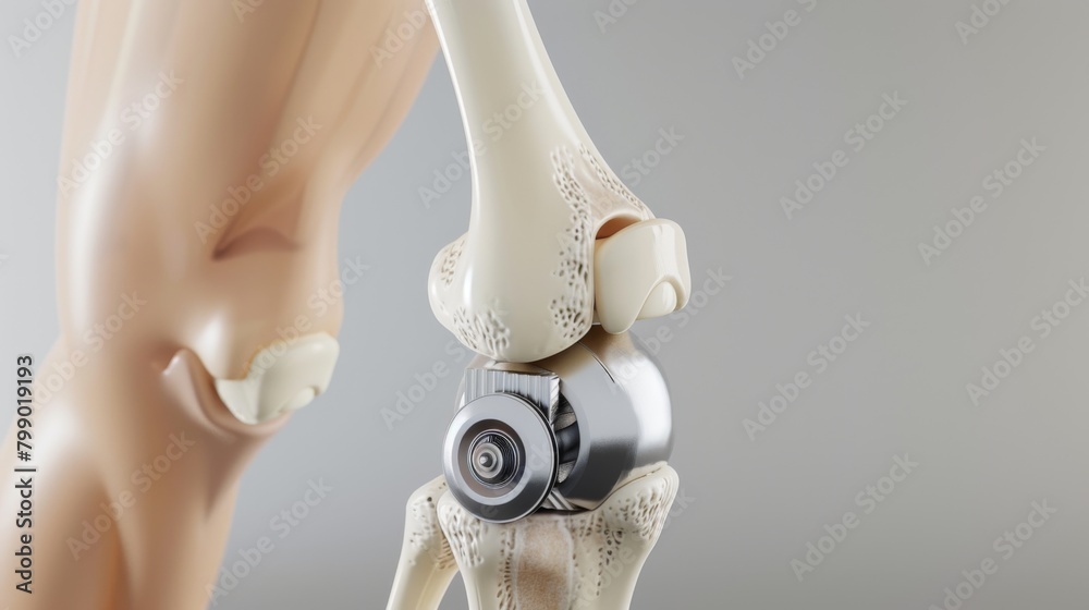 This 3D model showcases a total knee replacement, featuring the ...