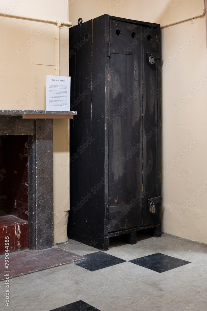 Old Geelong Gaol interior with infamous Black Box. A portable cell, the ...