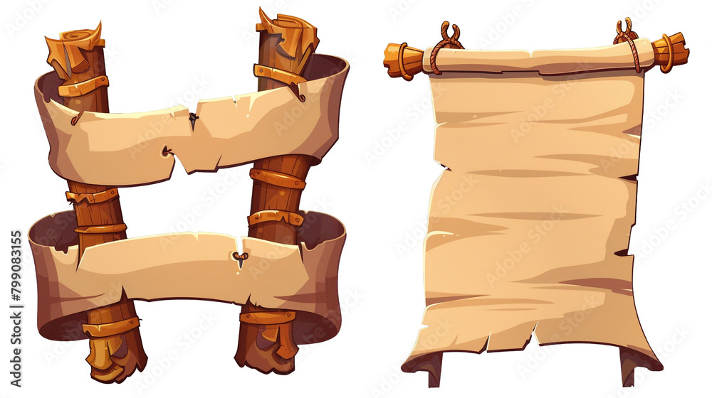Parchment scroll and long ribbon with empty space for text. Magic game ui icons and assets of ...