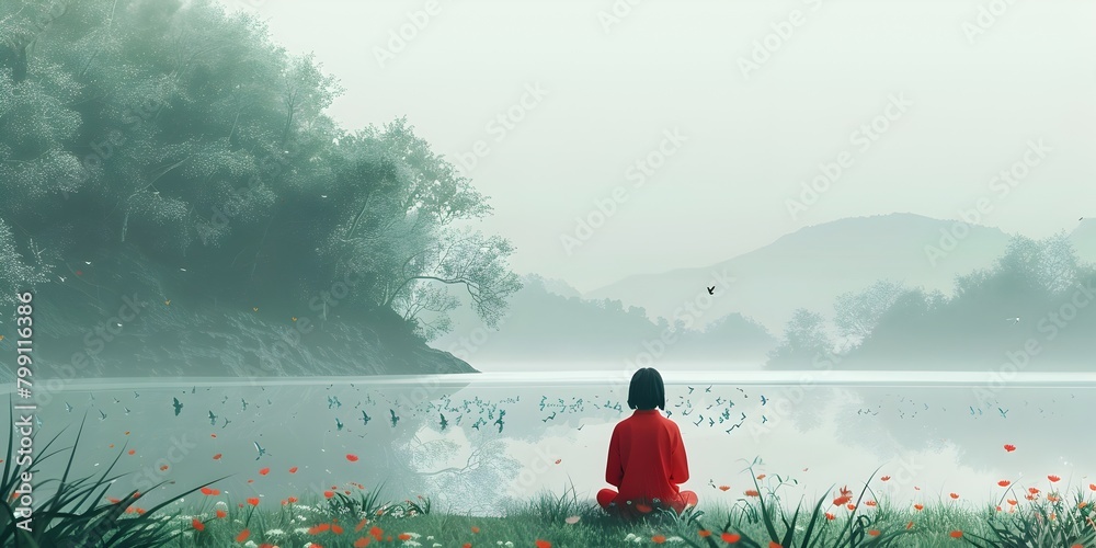 Serene Lakeside Meditation in Misty Woodland Landscape Calming Digital ...