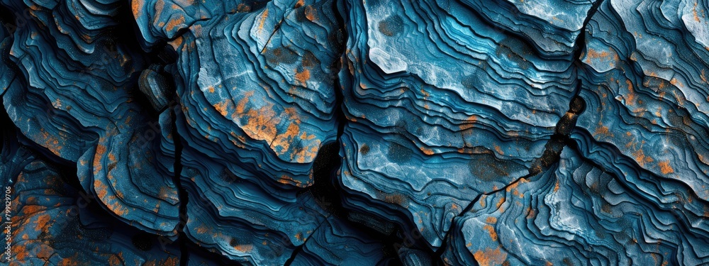 Rock detail with blue variants. stone curves and smooth cuts Close up ...