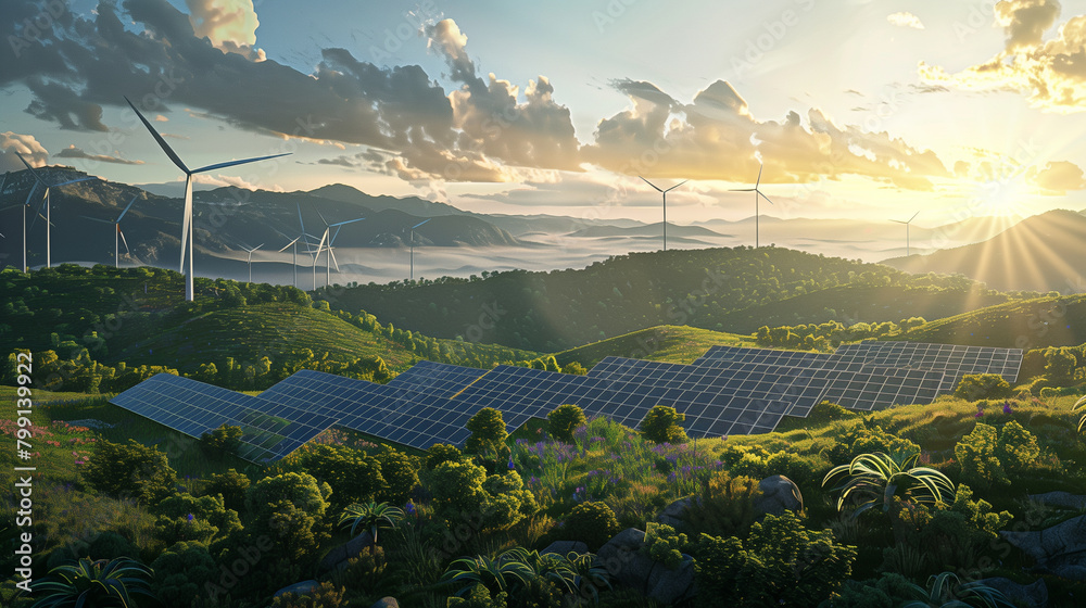 a landscape dominated by wind turbines and solar panels, harnessing ...