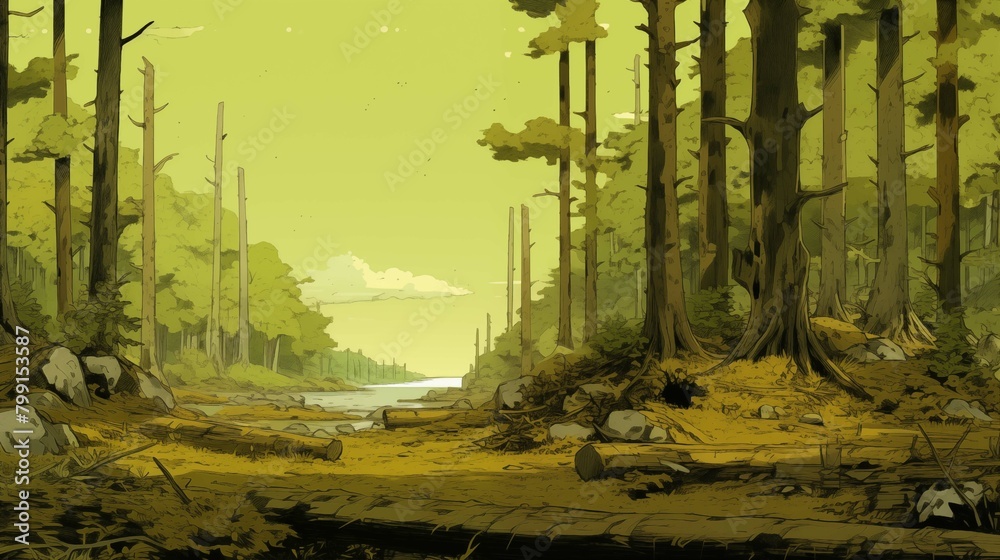 Forest with fallen trunks amidst tall trees 2D cartoon illustration ...