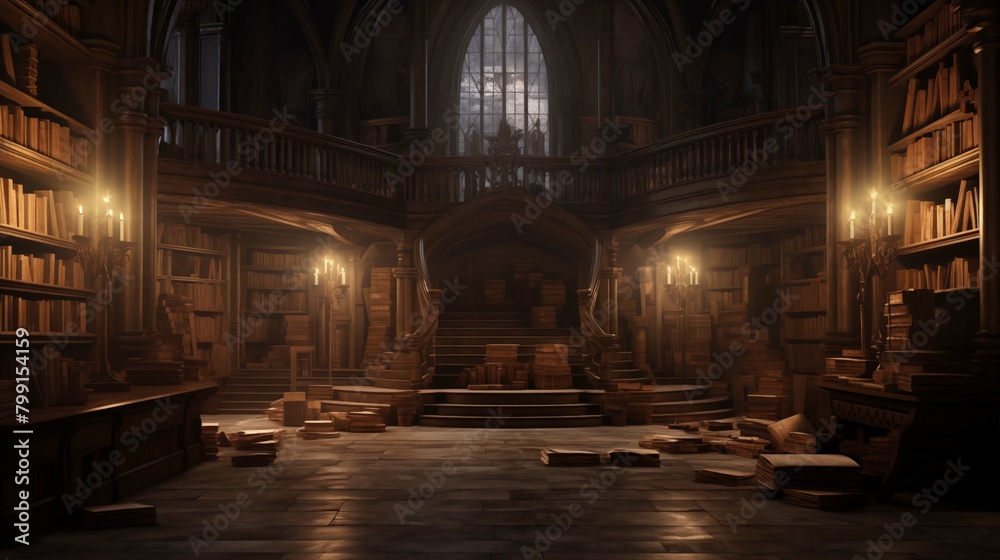 Gothic library with candle-lit chandeliers illustration. Towering ...