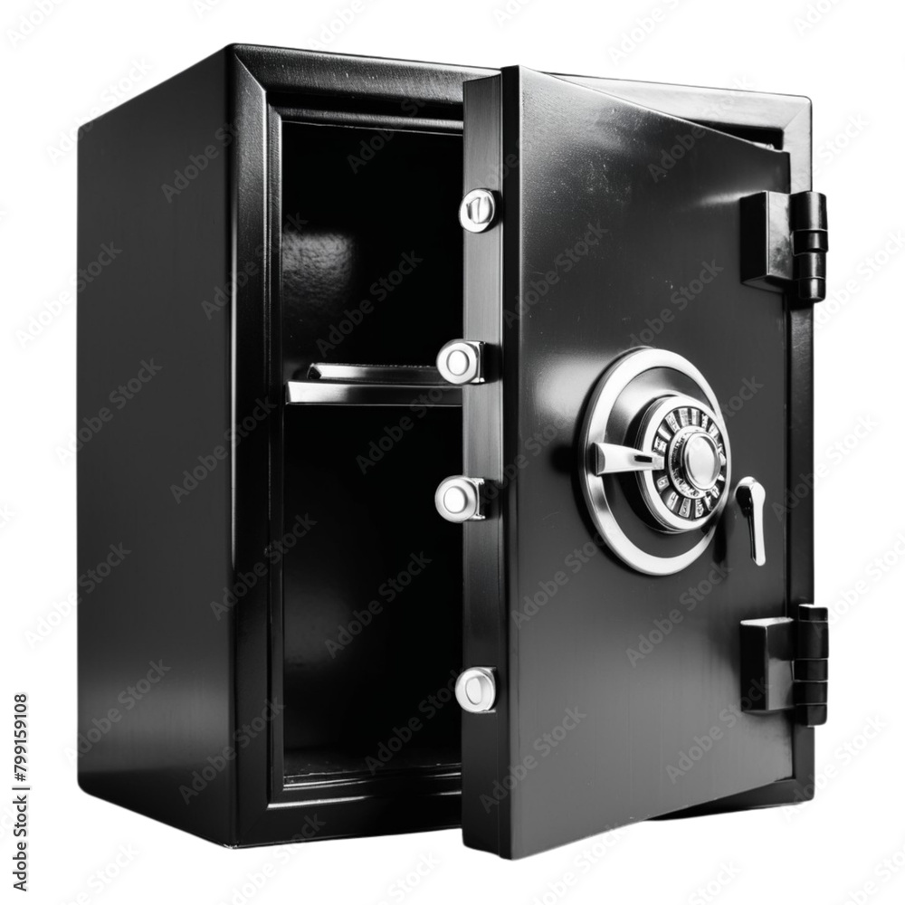 Black bank safe with open steel door on Isolated transparent background ...