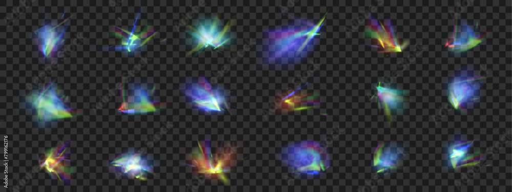 Rainbow light rays, lens flare, reflection effect from crystal, glass ...