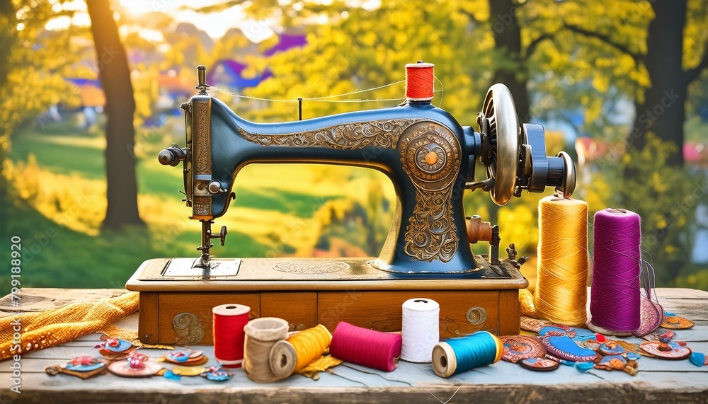 n old-fashioned sewing machine with a fabric piece pinned under the ...