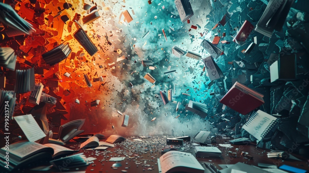 Books scattered in mid-air, frozen in time, with a vibrant blue and red ...