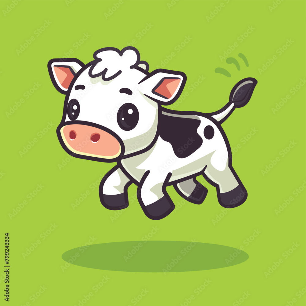 Cute cartoon cow jumping with joy on a vibrant green background. Stock ...