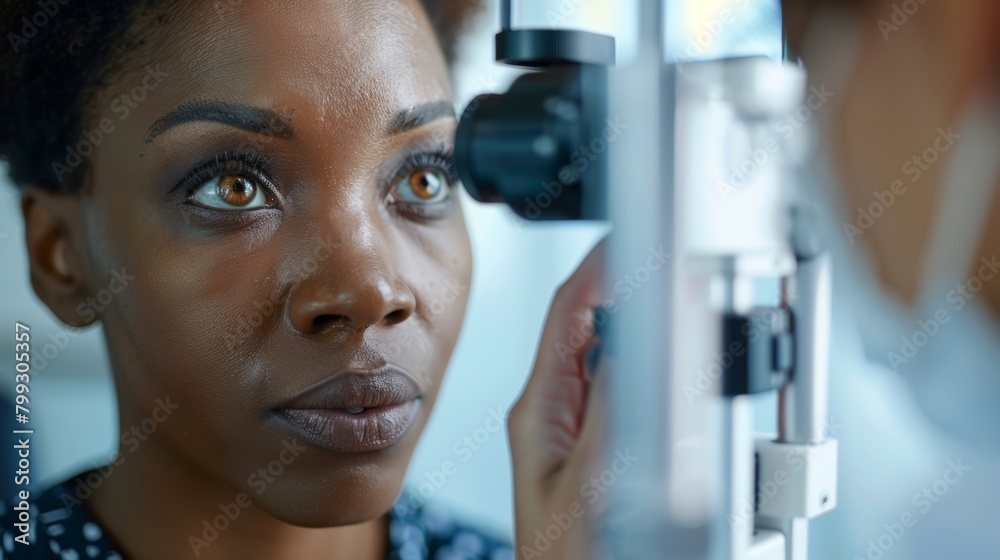 Doctor, face, or black woman in optometrist office eyesight assessment ...