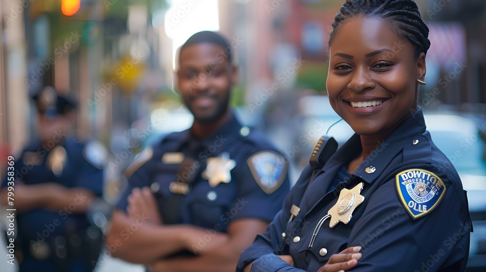 Smiling female police officer posing confidently with colleagues in ...