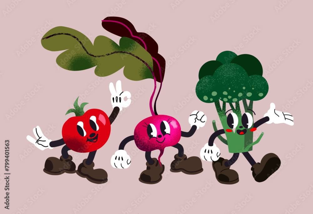 Cartoon food in retro style. Vegetables characters in funny 30s style ...