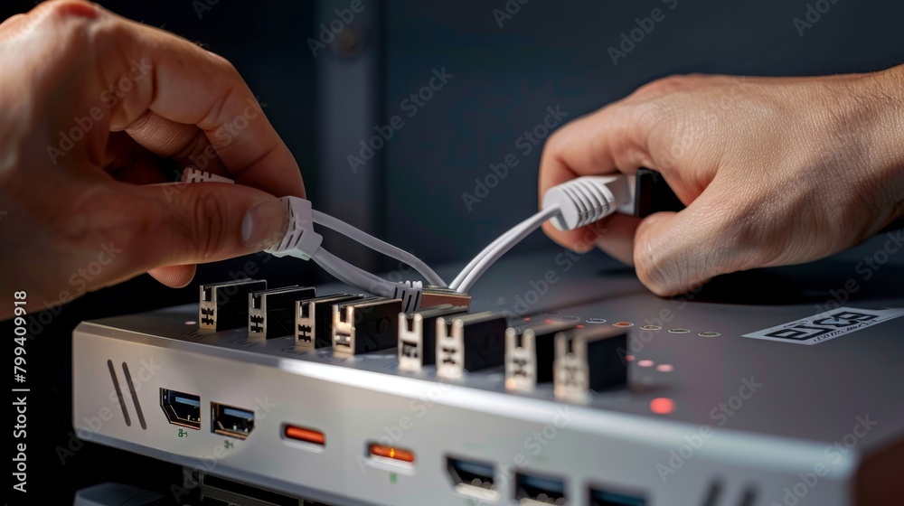 Seamless Connectivity Closeup of Hands Plugging Ethernet Cable into ...