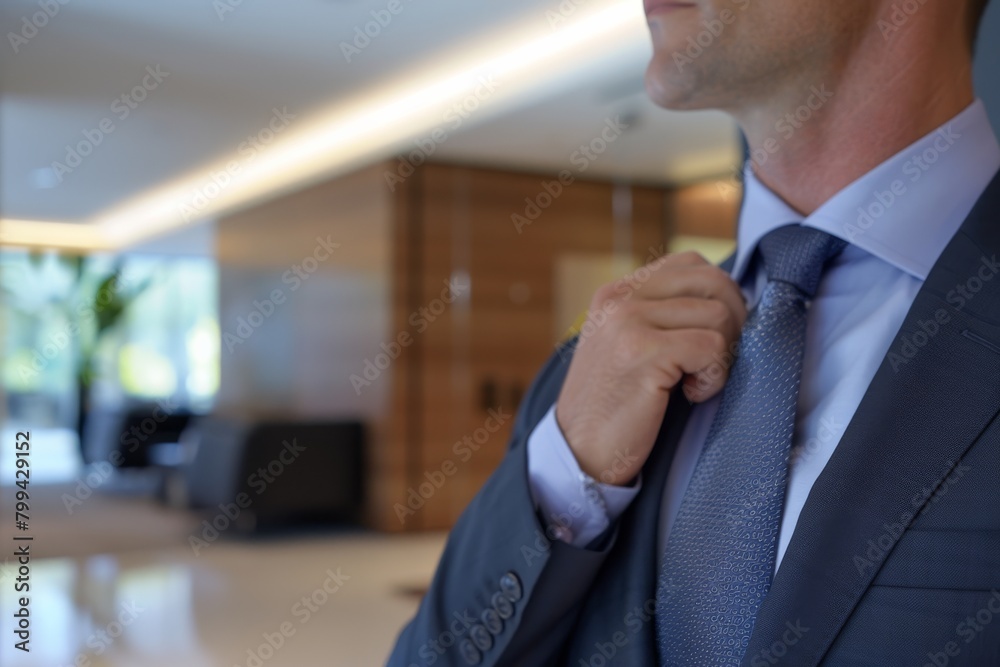 Stylish business executive in a modern office setting adjusts his gray ...