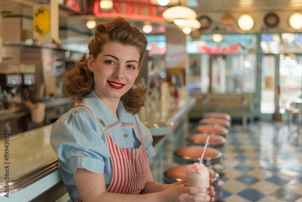 A waitress in a 1950s diner outfit serves a milkshake with a friendly demeanor in a classic ...